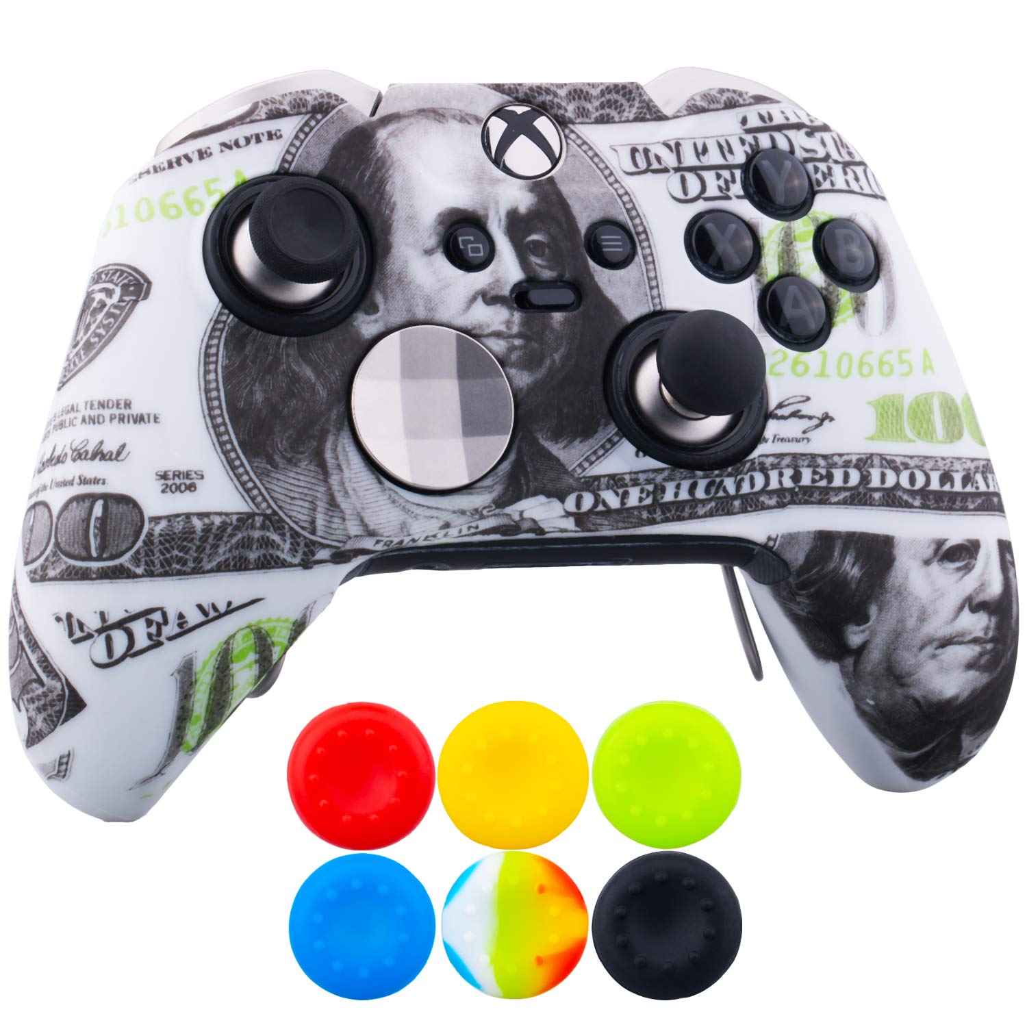 9CDeer 1 x Protective Customize Transfer Print Silicone Cover Skin US Dollars + 6 Thumb Grips Analog Caps for Xbox Elite Wireless Controller Compatible with Official Stereo Headset Adapter