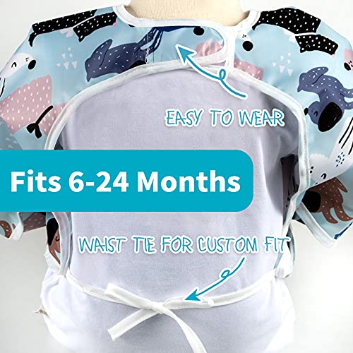 Hiverst 3 Pcs Long Sleeved Bib Set | Baby Waterproof Bibs with Pocket Bundle | Toddler Bib with Sleeves and Crumb Catcher | Stain and Odor Resistance Play Smock Apron | 6-24 Months