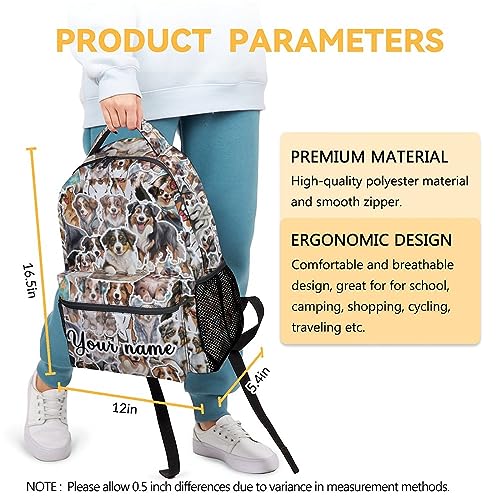 AIOMXZZ Personalized Australian Shepherd School Backpack for Kids, 16 Inch Grey een Dog Backpacks for Girls Boys, Cute, Durable, Lightweight, Large Capacity Bookbag for Travel