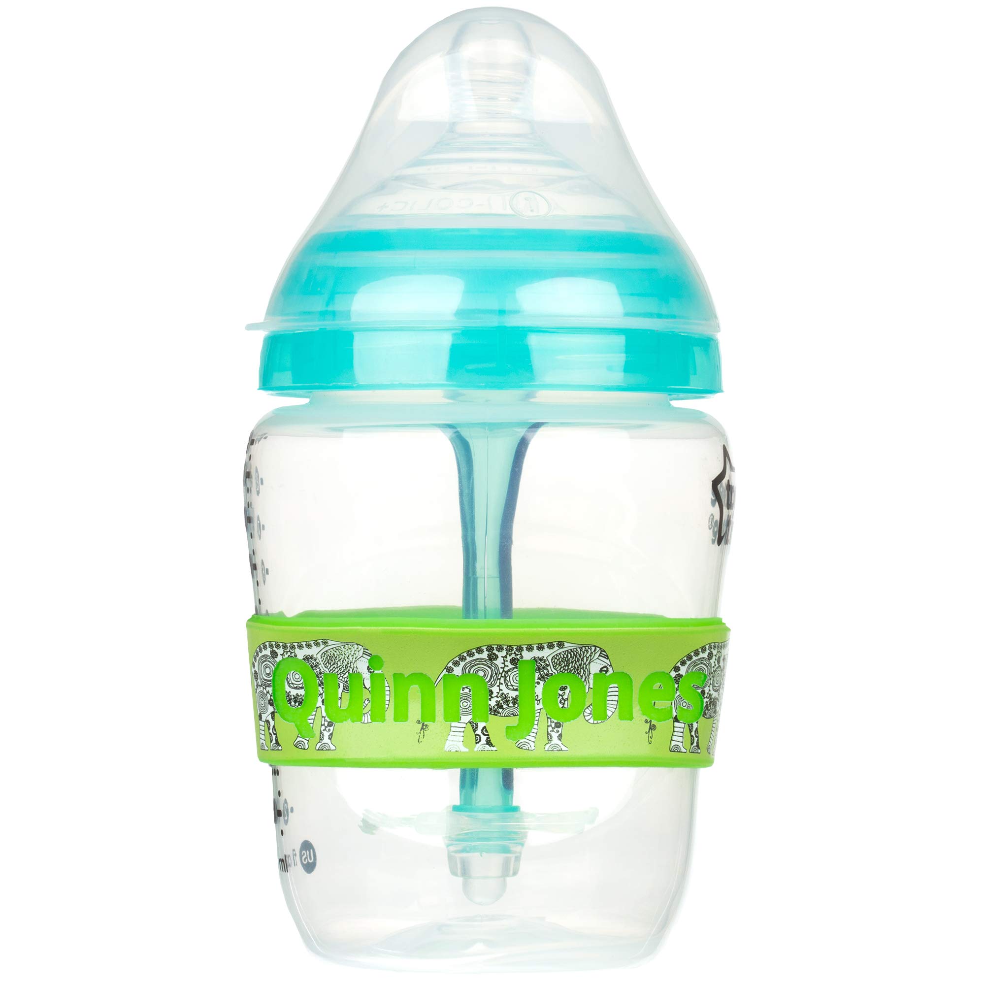 Custom Bottle Labels - 3 Pack - Silicone Bands for Baby Bottles, Kids Tumblers, Water Flasks - Personalized Pre-Printed Name, Waterproof School and Daycare Drink Identifiers - Green Elephants