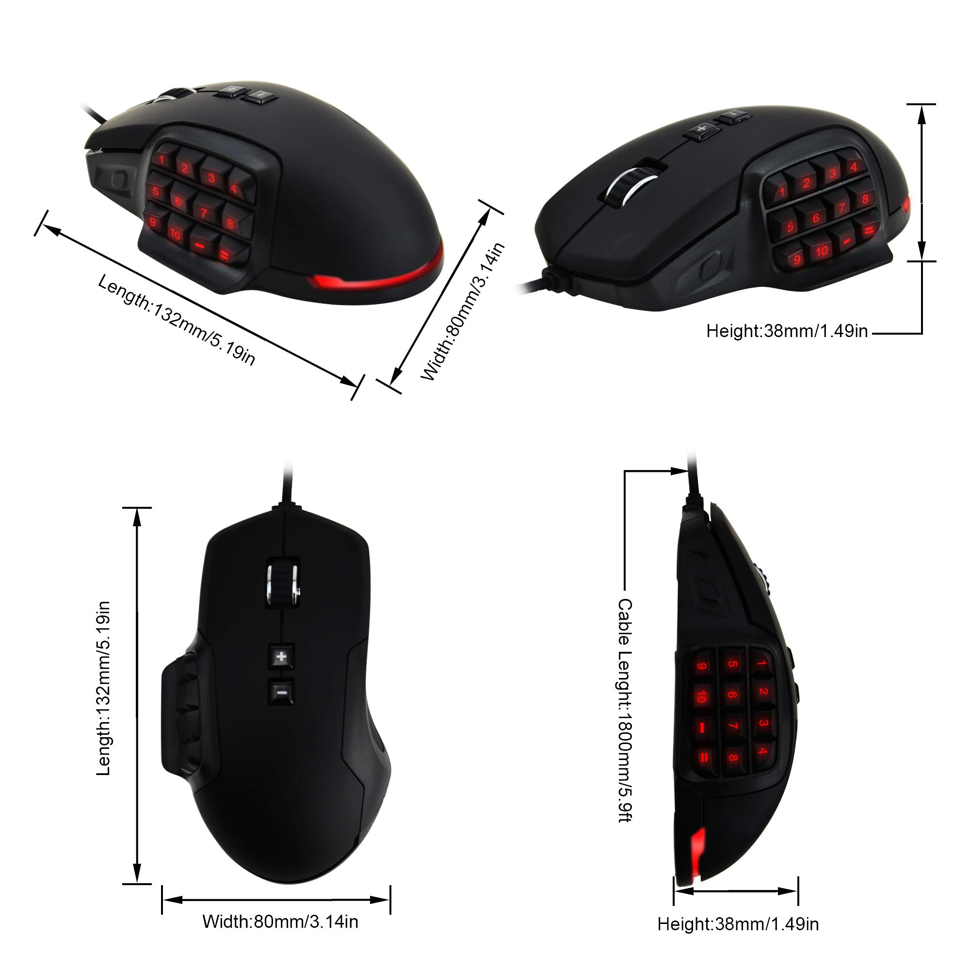 A ADWITS MMO Programmable Gaming Mouse, Pixart True 10000 DPI Sensor, Ergonomic Design with Customizable 17 Buttons, LED Light, 4 x 5g Weights and Polling Rate Up to 1000 Hz, Black