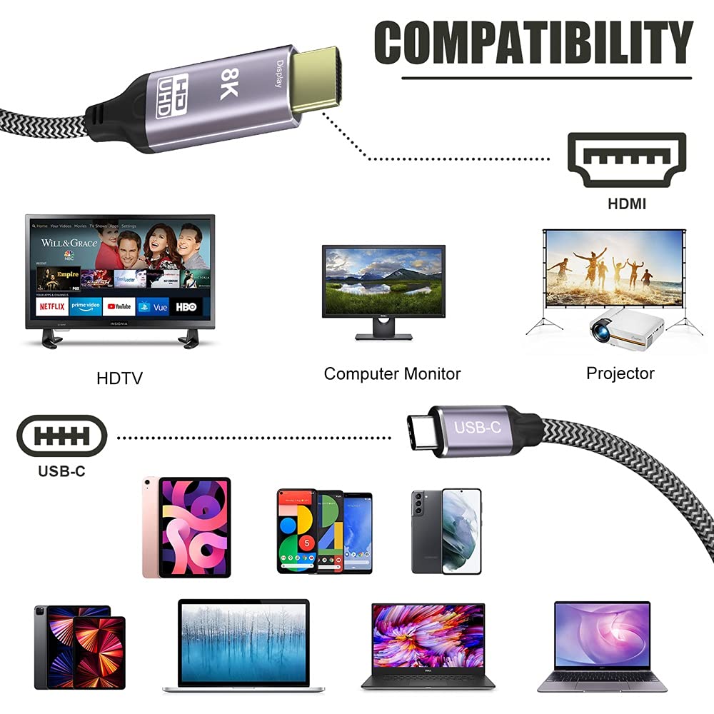 Angusplay 8K USB C to HDMI Cable 6.6ft Adapter Cord Support 4K 120Hz 8K 30Hz, Directional USB-C to HDMI Cable 2.1 Compatible with Thunderbolt 3
