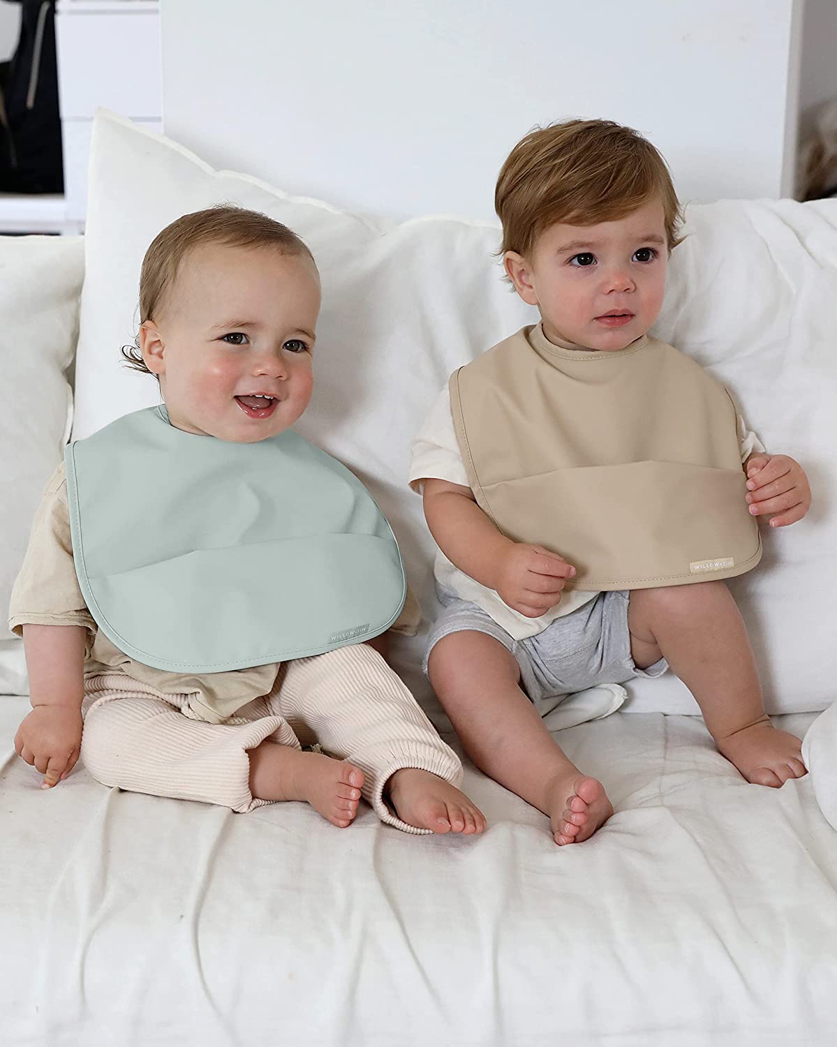 WILLOW + SIM Waterproof Baby Bibs for Baby boy - Better than Silicone & Plastic - Toddler Bibs with Food Catcher - Baby bibs for boys, Feeding bib for Babies and Infants - No Sleeve - Sage