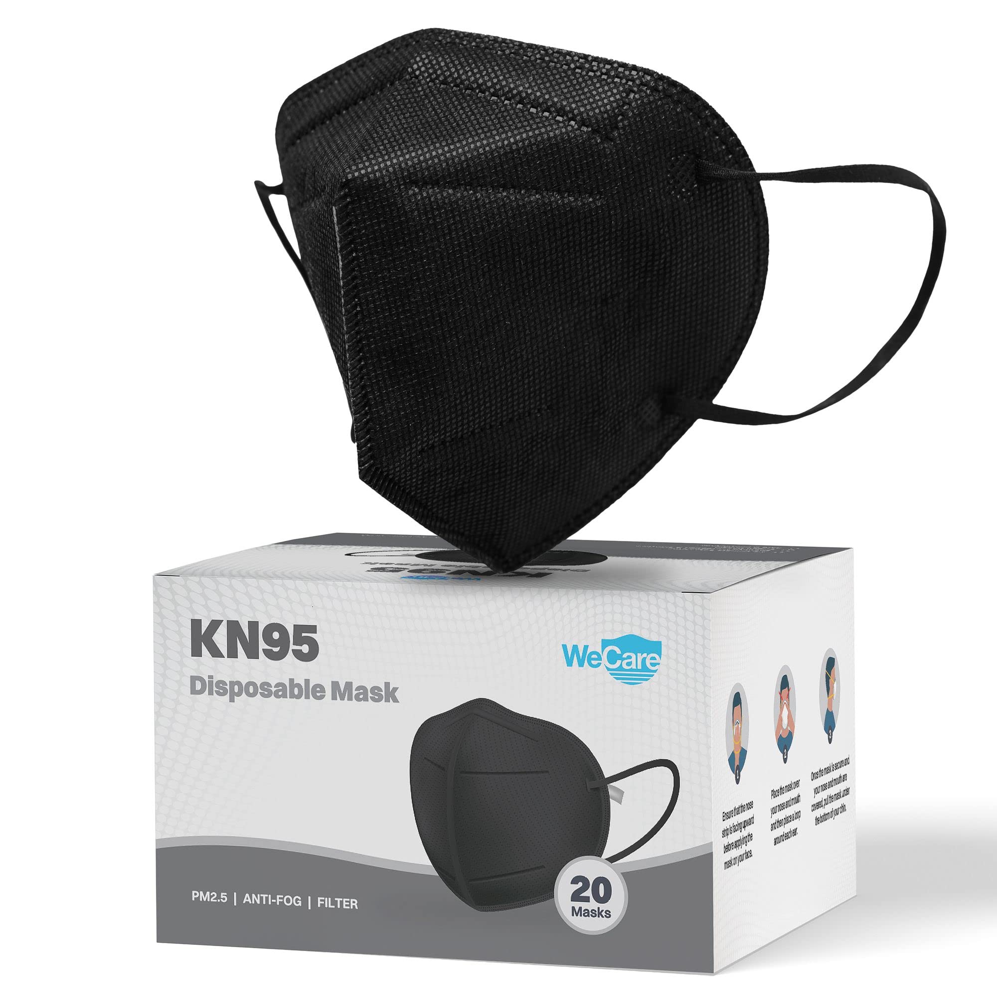 WECARE Black KN95 Adult Face Masks 20 Pack - Individually Wrapped Disposable 4 Ply Particulate Respirator Mask - Anti Fog, PM2.5, Comfortable Folded Design