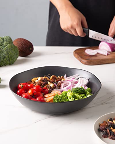 AmorArc 9.75 inch Stoneware Flat Pasta Bowls, 38oz Large Wide Bowls Set of 4 for Kitchen, Microwave Safe Bowls with Wavy Rim for Pasta Salad, Matte Black