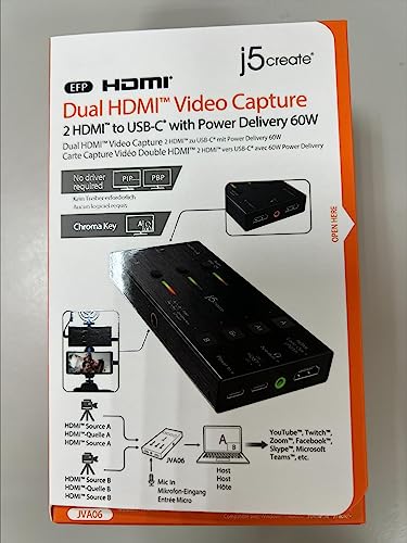 j5create Live Video Capture Card - Dual HDMI to USB-C, Supports 1080p 60Hz Video and Audio Recording, Power Delivery 60W Pass Through, Ideal for PC Xbox Playstation Android Game Live Streaming (JVA06)