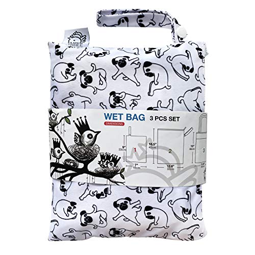 FLOCK THREE 3pcs Waterproof Wet Bag Tote Reusable Wet Clothes Baby Diapers Stroller Swimsuit Travel Reusable toiletries Pouch Small Larger Electronics case 3 Pack Dog (Yoga Dog)