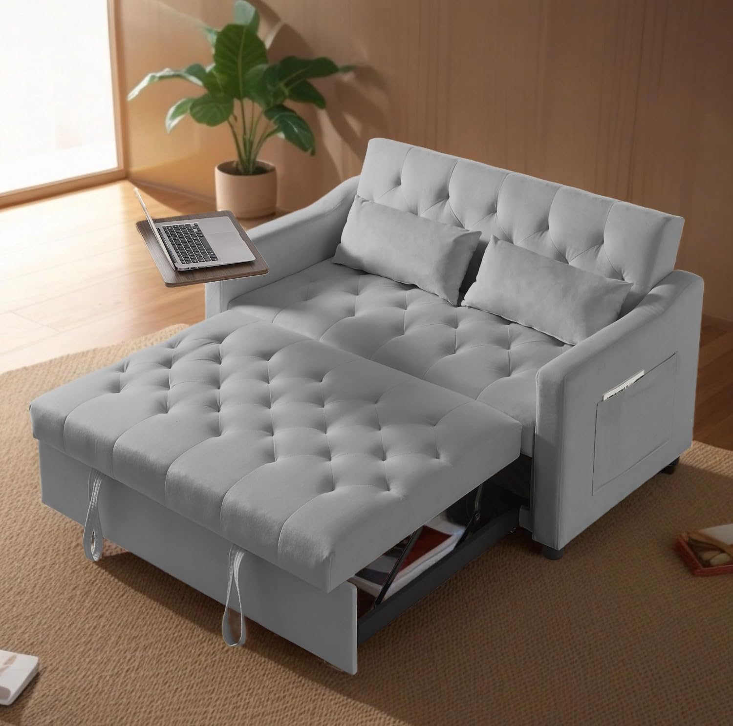 3-in-1 Multi-Functional Velvet Sleeper Sofa Pull Out Bed, 53'' Convertible Sofa Bed with Adjustable Backrest and Pillows, 360 Degree Swivel Side Table for Living Room, Small Space (Grey)
