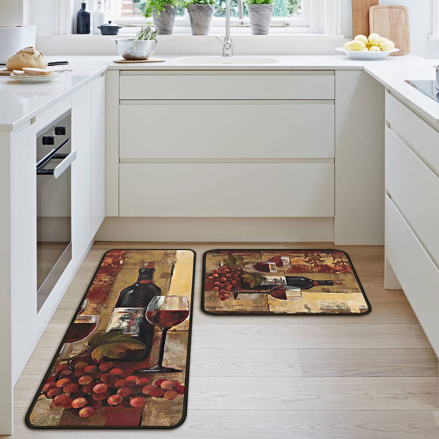 OUXIOAZ Wine Kitchen Rugs and Mats [2 PCS], Non Skid Washable Absorbent Microfiber Kitchen Mat for Doormat Bathroom Runner Set (17"x47"+17"x30", Wine)