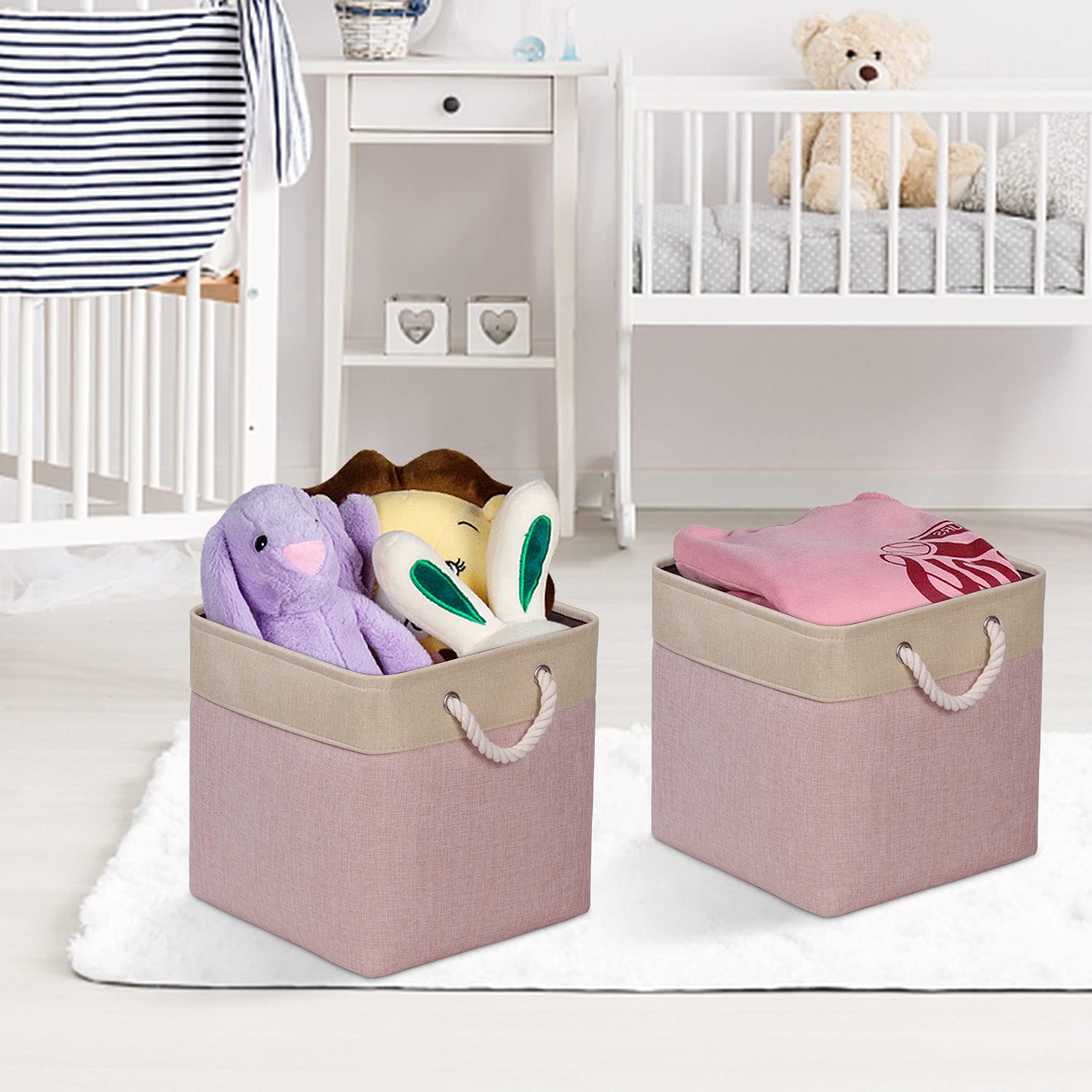 Univivi Cube Storage Bin, Cubby Storage Basket with Sturdy Cotton Carry Handles for Shelf Closet Home Office Organizing [4-Pack,13'',Pink]