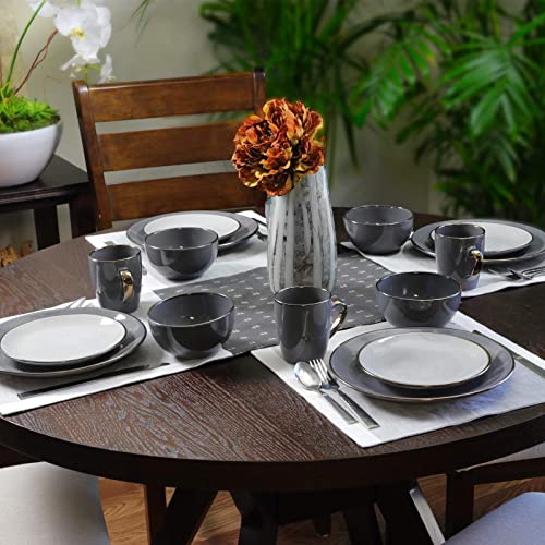 Elama Round Stoneware Grand Collection Dinnerware Dish Set, 16 Piece, Assorted Solid Gray