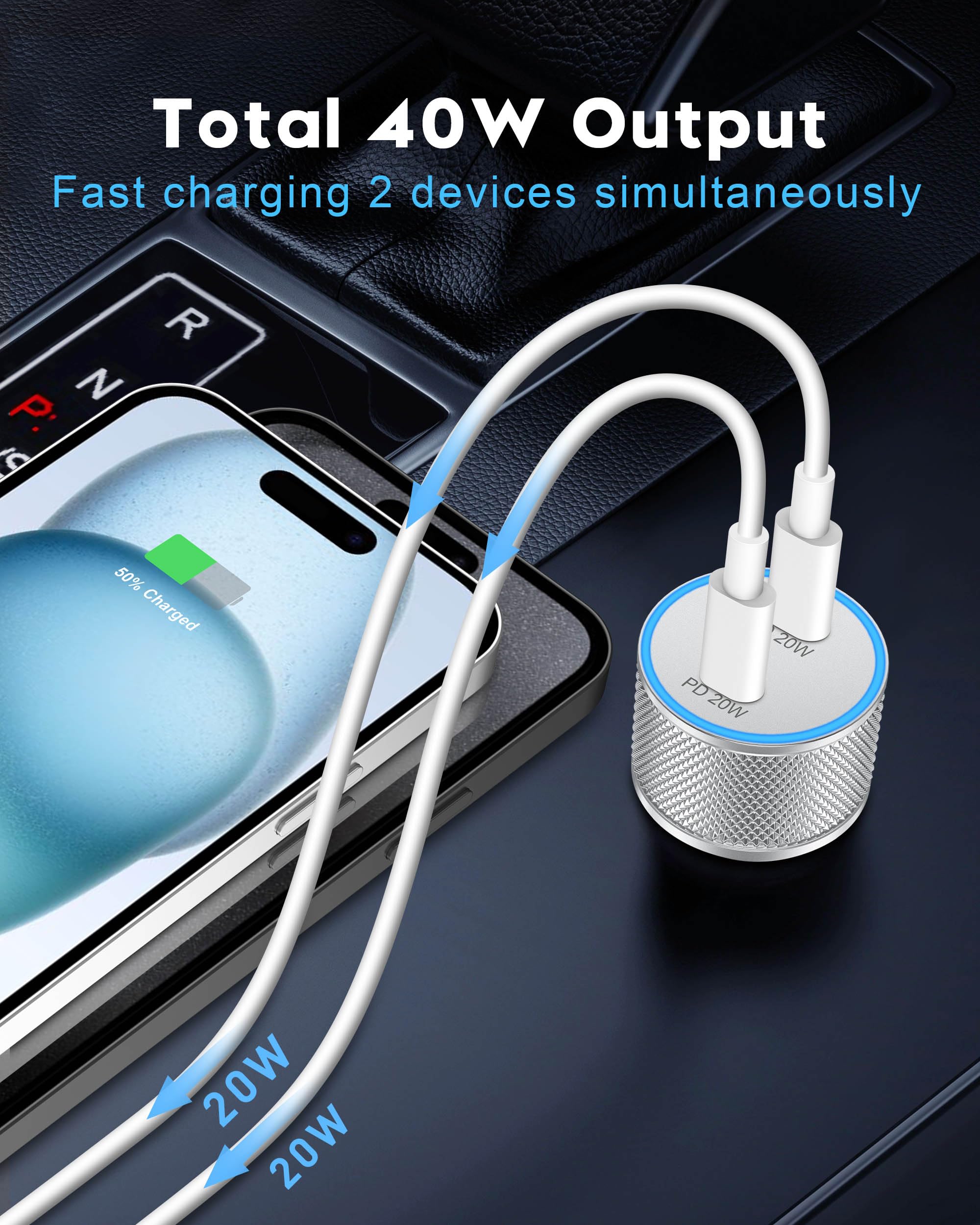 2-Pack 40W Dual Port USB C Car Charger for iPhone 15/15 Pro Max - With 3FT C to C Cable
