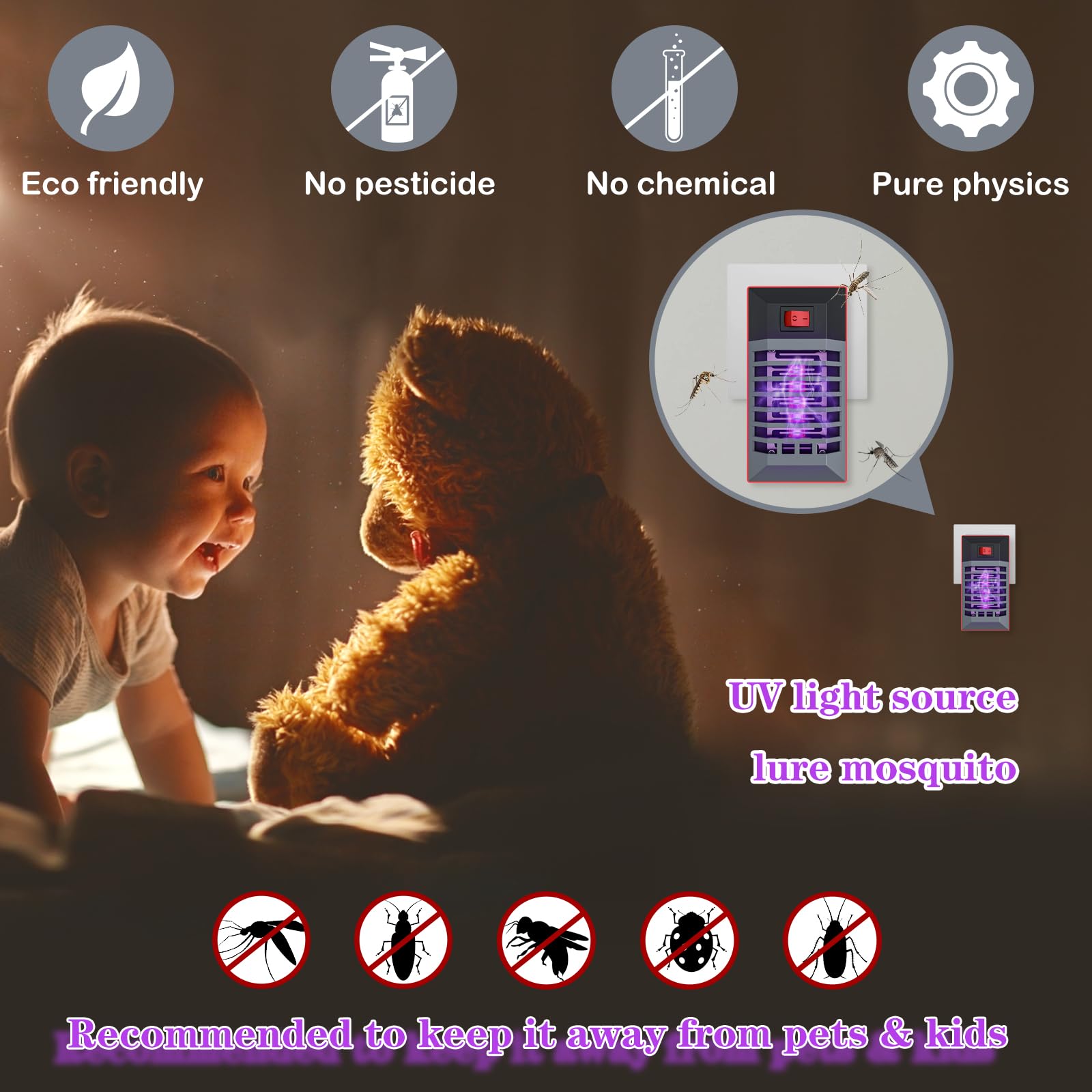 2 Pack Plug in Bug Zapper Indoor Flying Insect Trap, Electronic Mosquito Zapper Gnat Traps with LED Light for Patio, Bedroom, Kitchen, Office