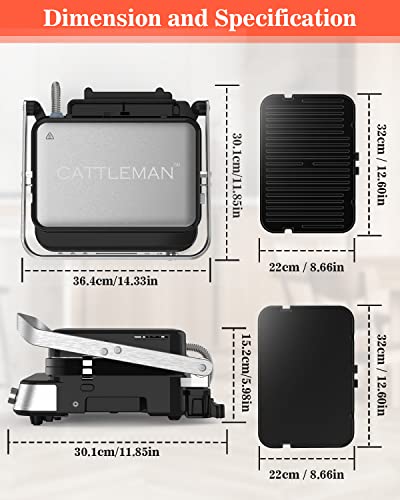 5 in 1 Indoor Grill, Panini Press Grill Sandwich Maker, CATTLEMAN CUISINE Electric Contact Grill and Griddle with Removable Nonstick Grill Plates, Smart Probe, LCD Display, Stainless Steel, 1600W