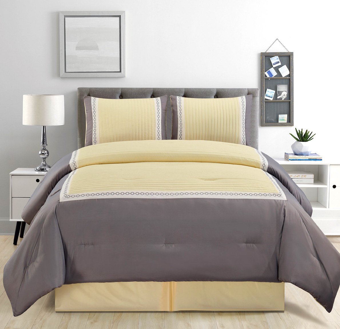 3-Piece Soft and Durable Duvet Cover Set Queen Size - 1500 Series high Thread Count Brushed Microfiber - (Sunshine Yellow/Grey/White)
