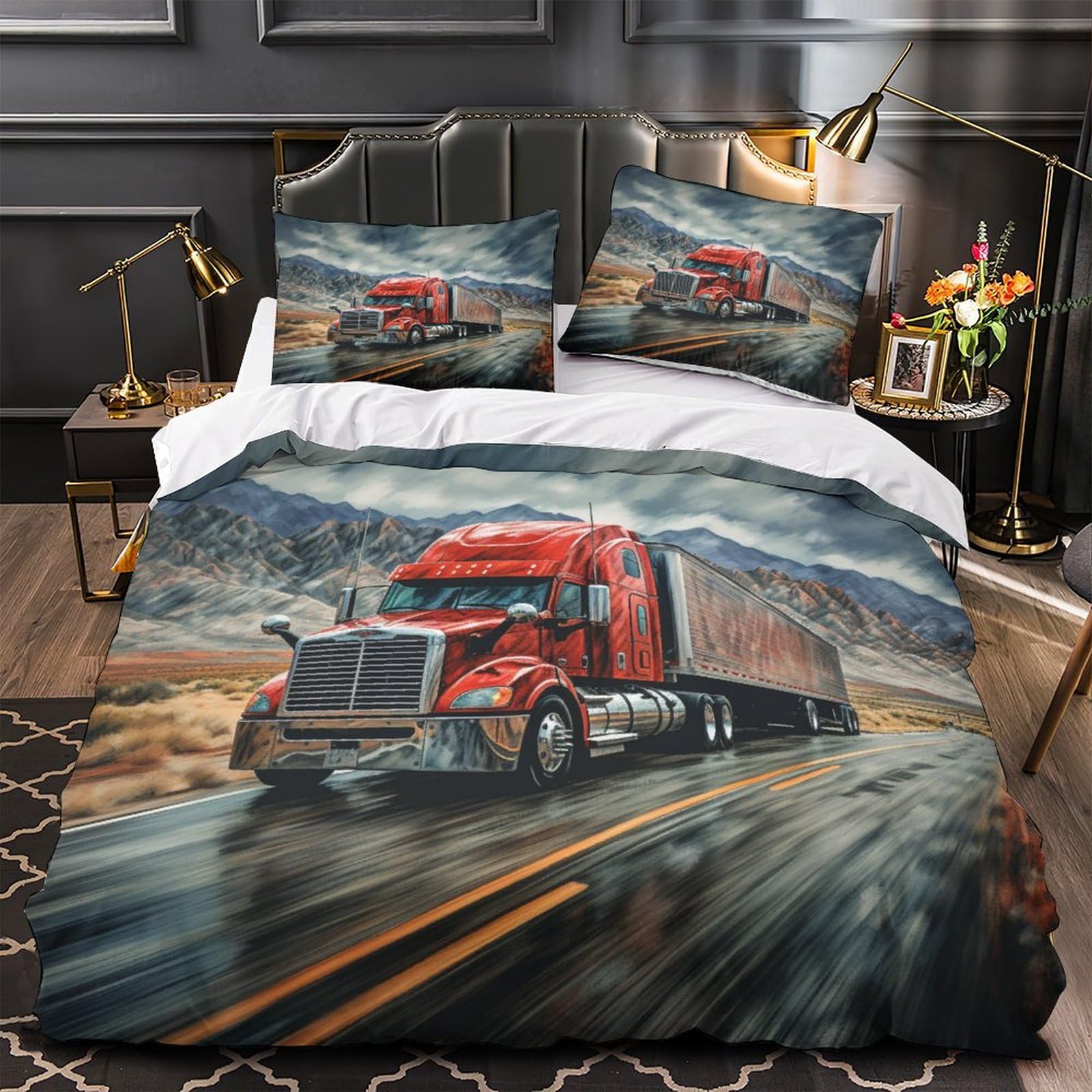 AAHARYA Red Semi-Trailer Quilt Cover 3D Printed Big Truck Bedding Set Comforter Covers Duvet Cover 3 Pieces with Pillowcases for Childrens and Adults Microfiber with Zipper Closure Twin(173x218cm)