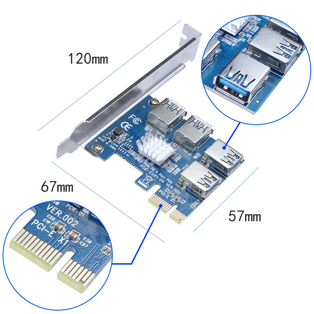 JMT PCI-E 1x to 16x Riser Card PCI-Express 1 to 4 Slot PCIe USB3.0 Splitter 1 to 4 Adapter GPU Riser Card for BTC Bitcoin Miner Mining (PCIE 1 to 4USB Card Blue)
