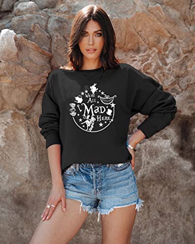 Alice in Wonderland Sweatshirt Women Vintage Mad Hatter Shirt Magic Kingdom Pullover Vacation Long Sleeve Tops Black