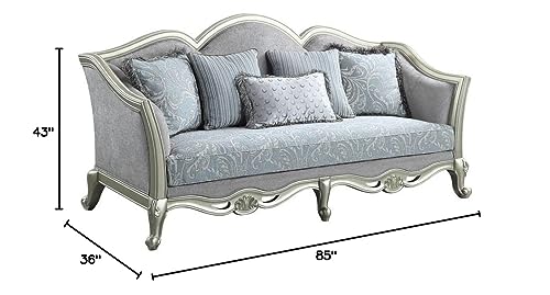 Acme Qunsia Sofa with 5 Pillows in Light Gray Fabric and Champagne