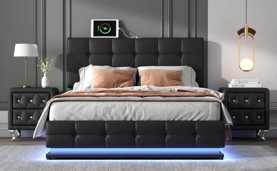 3-Pieces Queen Size Bedroom Sets,PU Upholstered Queen Platform Bed Frame with 2 Nightstands and USB Charging Station,Lift Up Storage Bed Queen,Bedroom Furniture Sets, Easy Assemble,Black