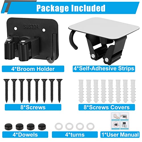 Broom Holder Wall Mount, Screw Drilling & No Drill Sturdy Heavy Duty Stainless Steel Wall Mounted, Broom Organizer Wall Mount with Hooks Hanger, Wall Holder for Bathroom, Garage, Kitchen, Garden