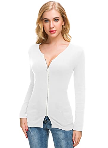 Afibi Women V Neck Zip Front Long Sleeve Casual Top Blouse Shirt/Cardigan (Large, White)