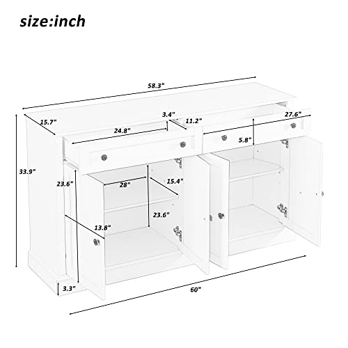60β Large Storage Cabinet Buffet Sideboard with 2 Drawers & 4 Doors, Wood Console Table Entryway Cupboard with Adjustable Shelves, Kitchen Dining Room Living Room Furniture Organizer (White-4)