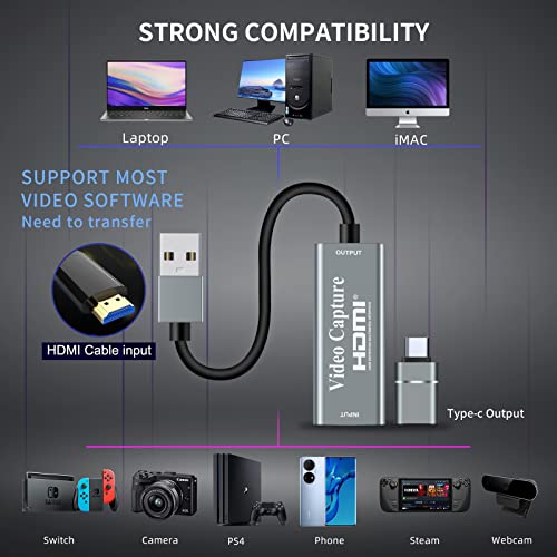 Papeaso Video Capture Cards, 4K HDMI to USB 3.0 Video Capture Device, 1080P HD 60fps Broadcast Live and Record Video Audio Grabber for Gaming, Streaming, Teaching, Video Conference (Silver)