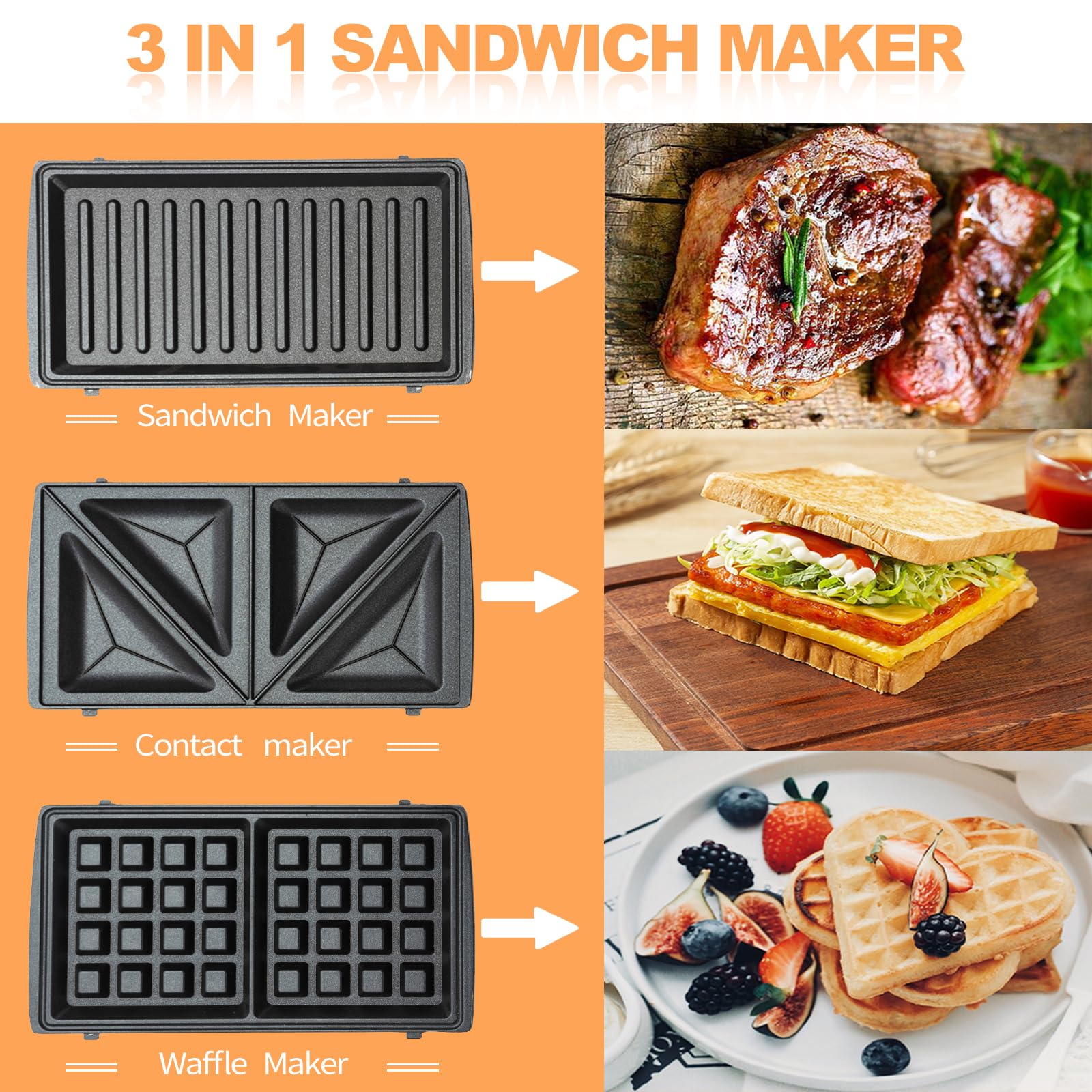 AAYUJUP Waffle Iron Sandwich Maker:3 In 1 Mini Waffle Maker With Removable Plates Waffle Irons Non-Stick Waffle Cone Maker Waffle Machine For Waffle Grill Sandwich