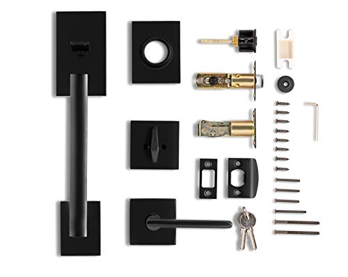Berlin Modisch HandleSet Front Door Entry Handle and Deadbolt Lock Set Slim Square Single Cylinder Deadbolt and Lever Reversible for Right & Left Sided Doors Heavy Duty β Iron Black Finish