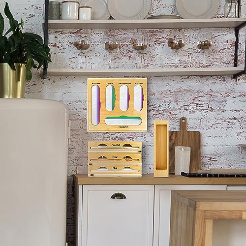Alicenize 9 IN 1 Ziplock Bag Storage Organizer for Kitchen Drawer and Plastic Wrap Dispenser with Cutter | Bamboo Foil and Plastic Wrap Organizer | Compatible with a variety size of storage bags