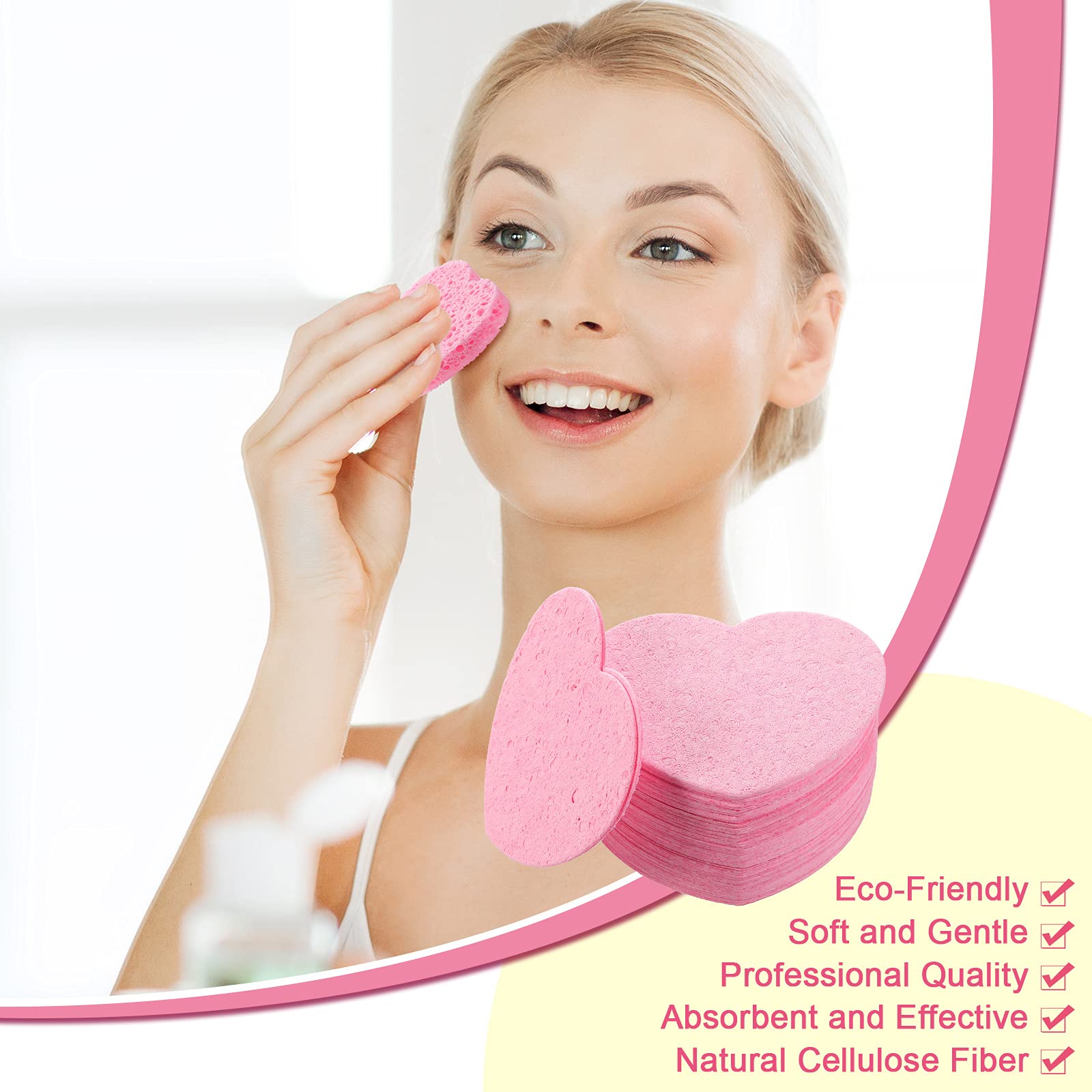Patelai 50 Count Heart Compressed Facial Sponges Valentine's Day Pink Pads for Face Cleansing Exfoliating Makeup Remover Skincare Travel Home