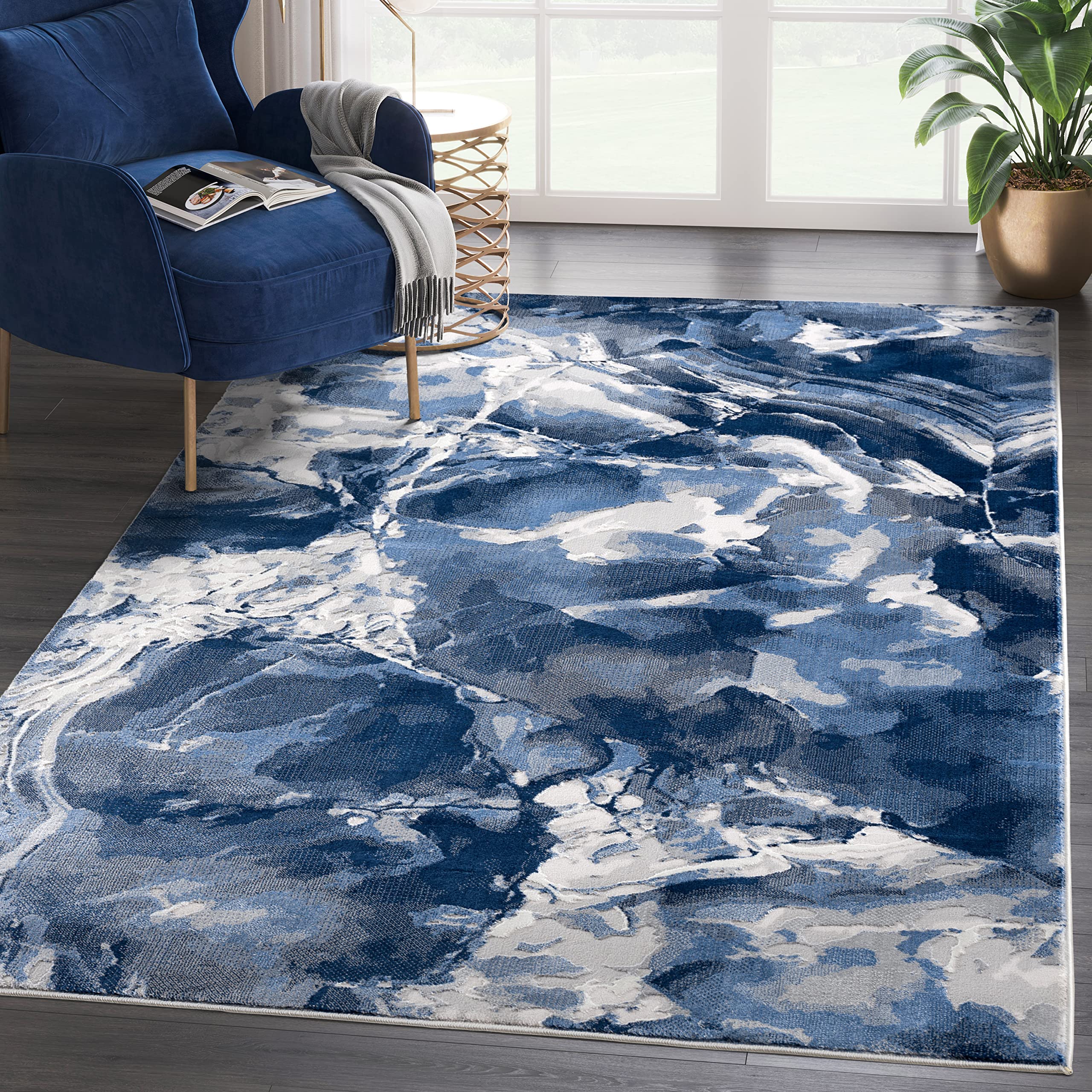 Abani Rugs Contemporary Blue & Grey Marble Ice Design 6’ x 9’ Area Rug - Modern Swirl Watercolor Non-Shedding Bedroom Rug