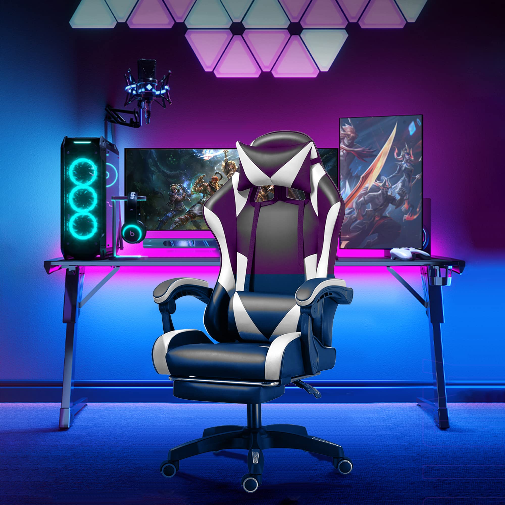 anjsindra Gaming Chair with Footrest Ergonomic Video Game Chairs Adjustable Headrest Lumbar Support High Back PU Leather Racing Style Office Computer Chair for Adults (Black+White)