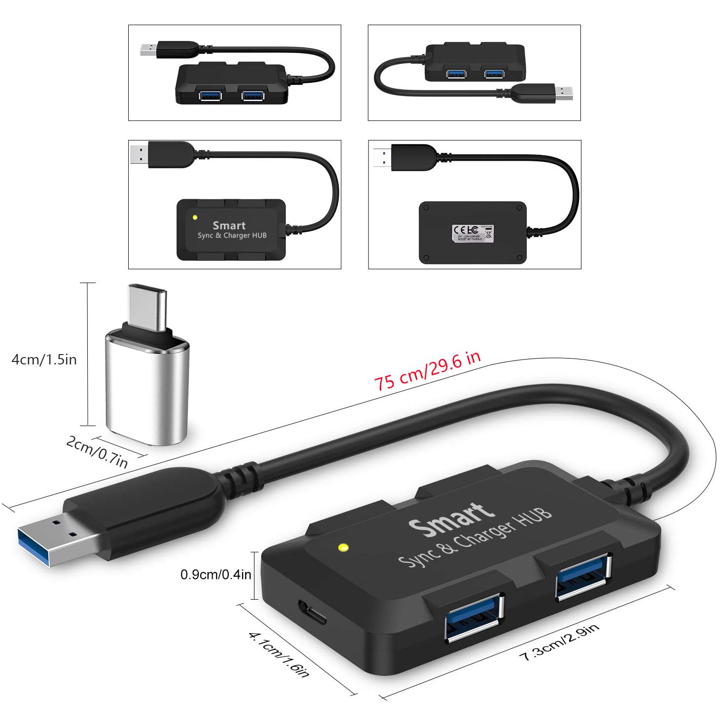 USB 3.0 Hub 4-Port USB C Hub to USB 3.0 Hub Adapter Ultra-Slim Data USB Hub 2.5ft Extended Cable Compatible Laptop, Surface Pro,XPS,PC,Camera,Flash Drive,Mobile HDD,Type C Devices SHARLLEN-(Black)