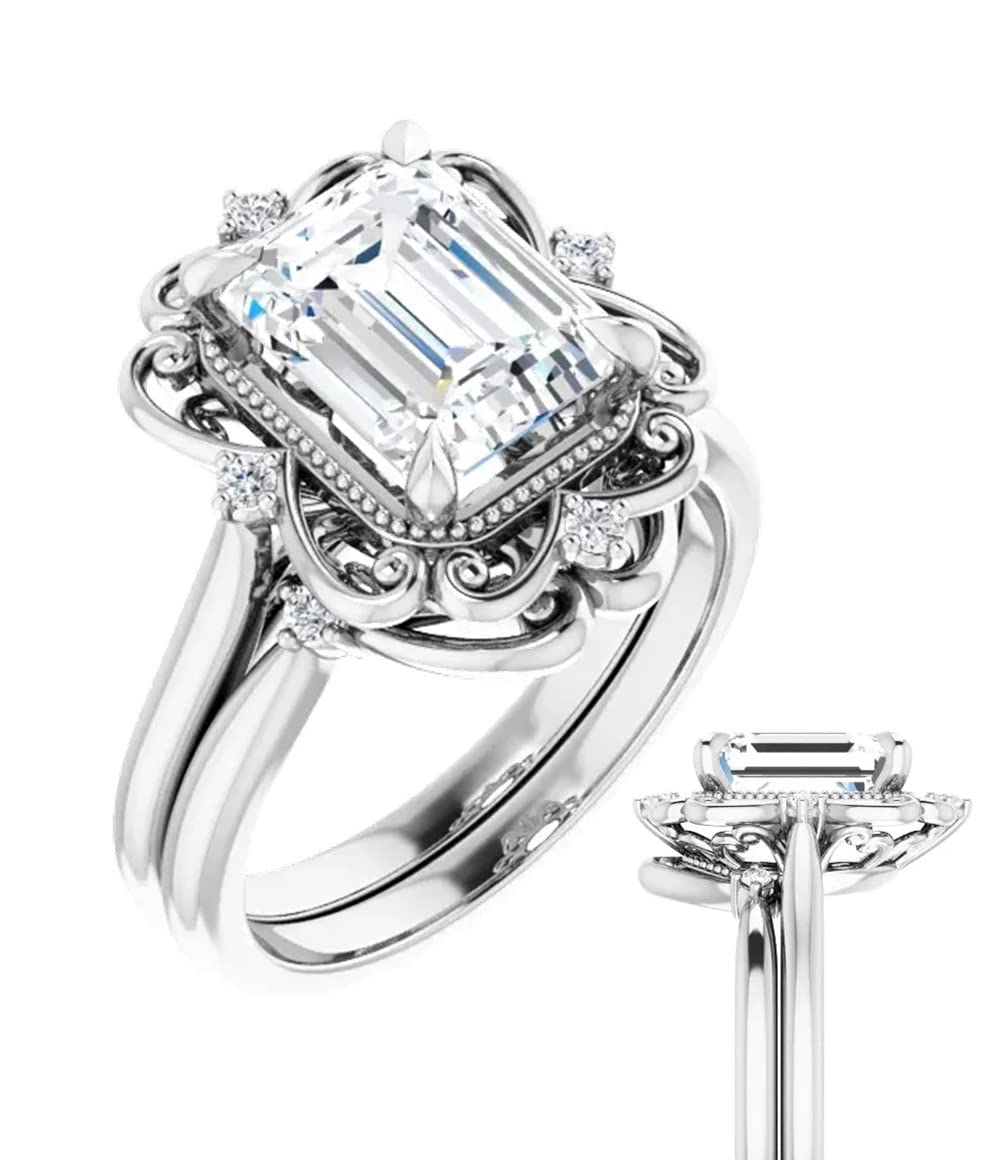 3 CT Emerald Cut VVS1 Colorless Moissanite Wedding Ring Set for Women Solitaire Bridal Ring Set Handmade Engagement Gifts Anniversary Promise Her Vintage Antique