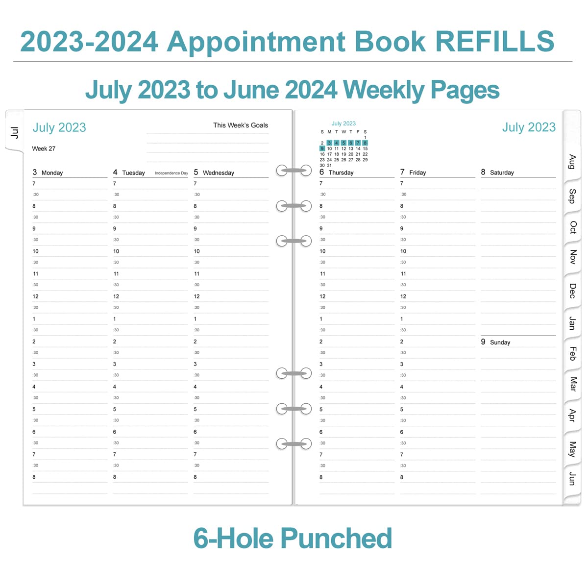 2024 Planner Refills - 7-Hole Punched Appointment Book Refills from Now-June 2024, Refill Planner with Monthly Tabs, 5-1/2" x 8-1/2", Desk/Size 4, Leaf