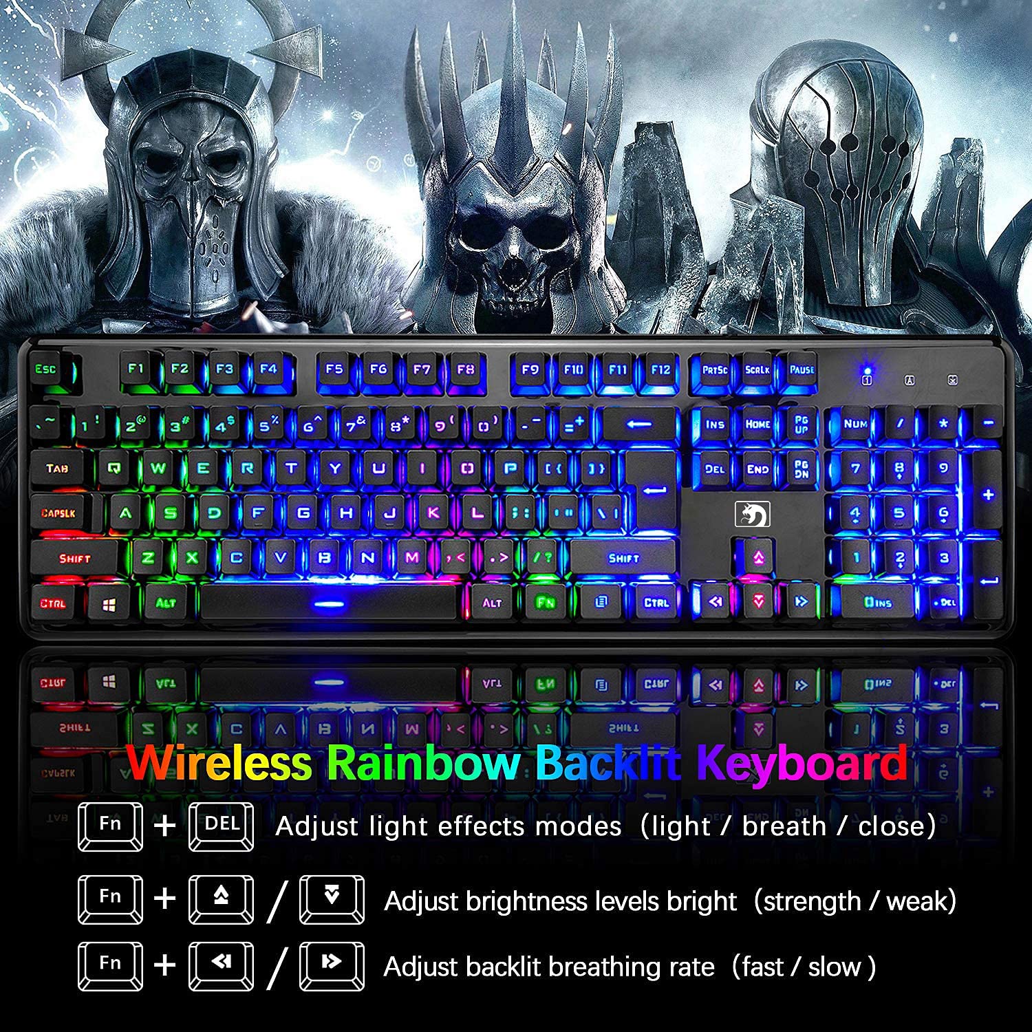 Wireless Gaming Keyboard Mouse and Wrist Rest Combo Rainbow Backlight Silent Mechanical Feel Keyboard with 7 Color Breathing Mute Mice Memory Foam Cushion Hand Rest for Computer PC Gamer