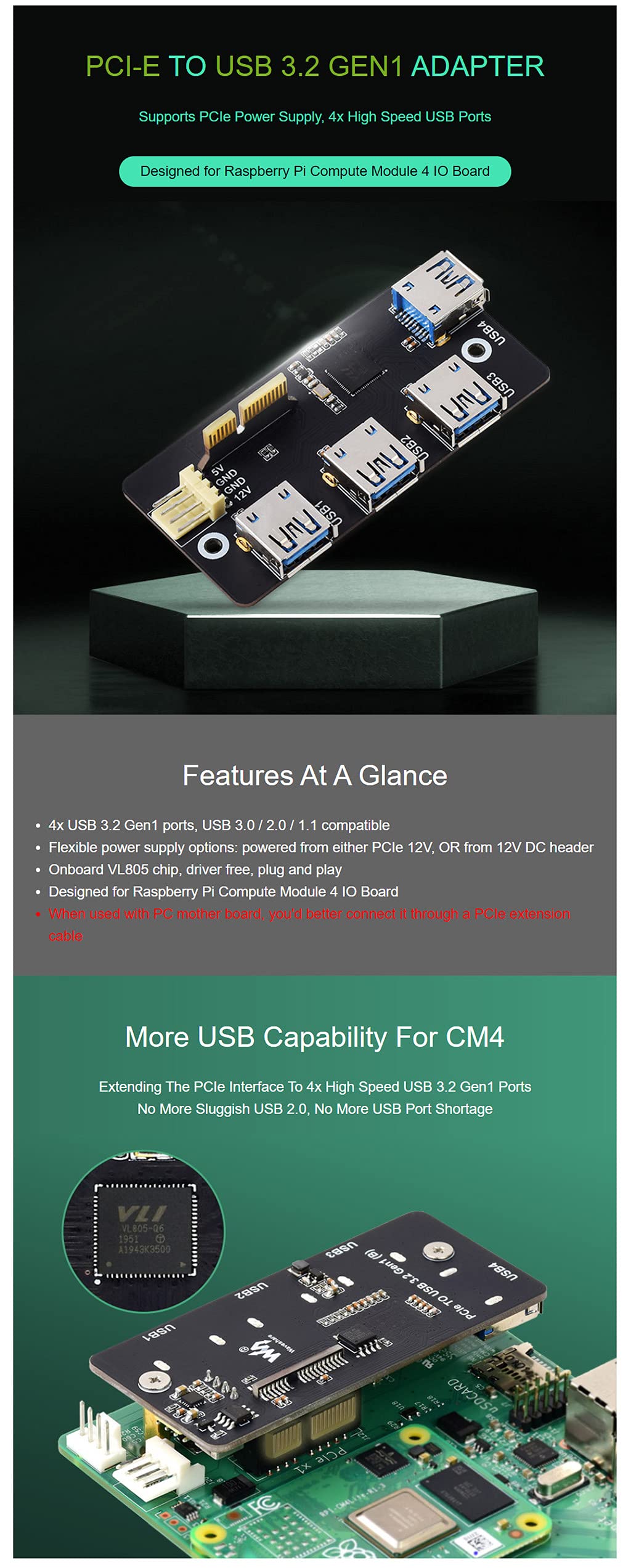 PCIe to USB 3.2 Gen1 Adapter Designed for Raspberry Pi Compute Module 4 IO Board(CM4), 4X High Speed USB Ports,Compatible with USB 3.0/2.0/1.1