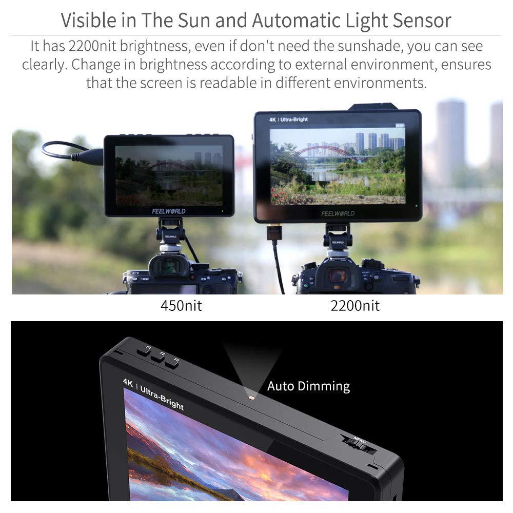 FEELWORLD LUT7 PRO 7 Inch Ultra Bright 2200nits DSLR Camera Field Monitor 3D LUT Touchscreen HDR Waveform F970 External Power and Install Kit 4K HDMI
