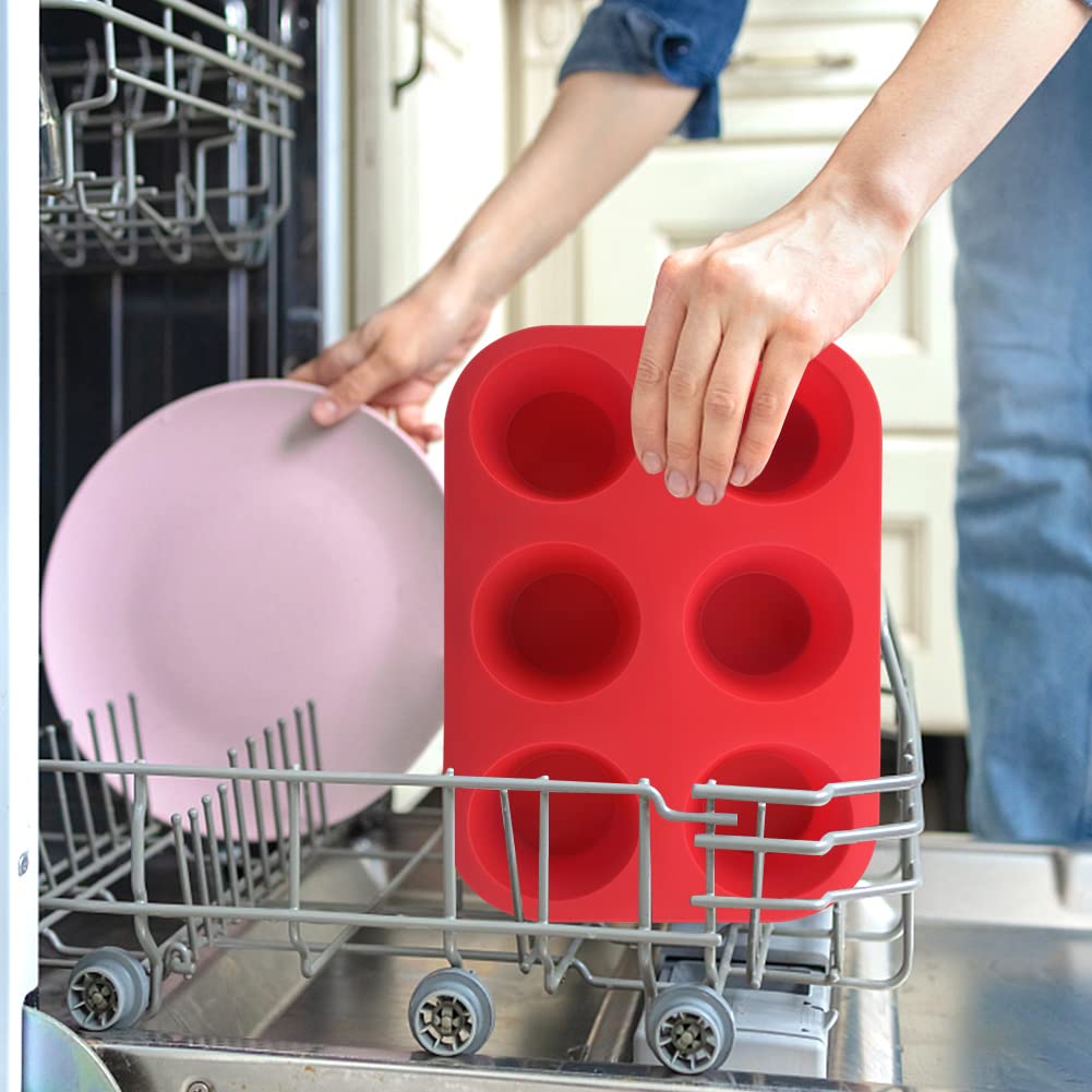 2PCS Silicone Muffin Pans Non-Stick Cupcake Pan 6 Cup Mini Muffin Pan,Reusable Muffin Baking Silicone Mol ds,Muffin Tin For Muffin,Cupcake,Brownie,2 Trays Overlapped(Red,size:9.45x6.5x1.57inch)