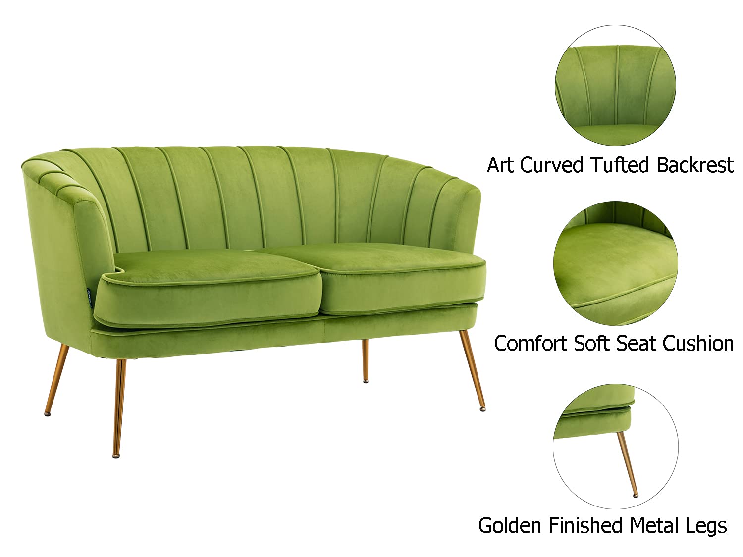 Altrobene Velvet Loveseat Couch Sofa Luxury Modern Comfy Tufted Couch Chesterfield 2 Person Couch for Living Room/Bedroom, Grass Green