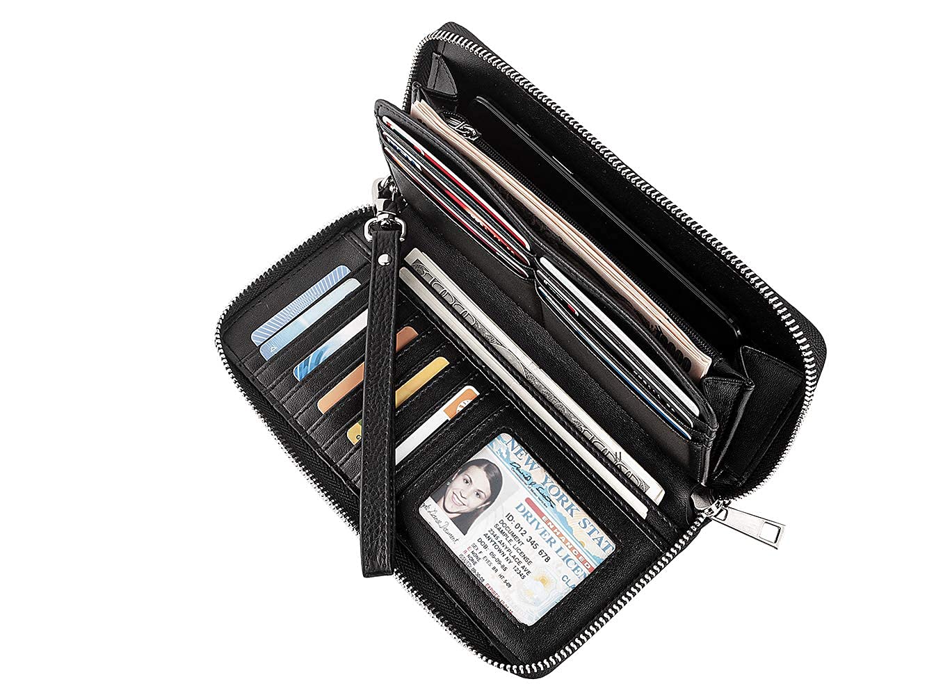 AGBIADD Plus Size RFID Blocking Women's Wallet Genuine Leather Zip Around Clutch Large Travel Purse (Black)