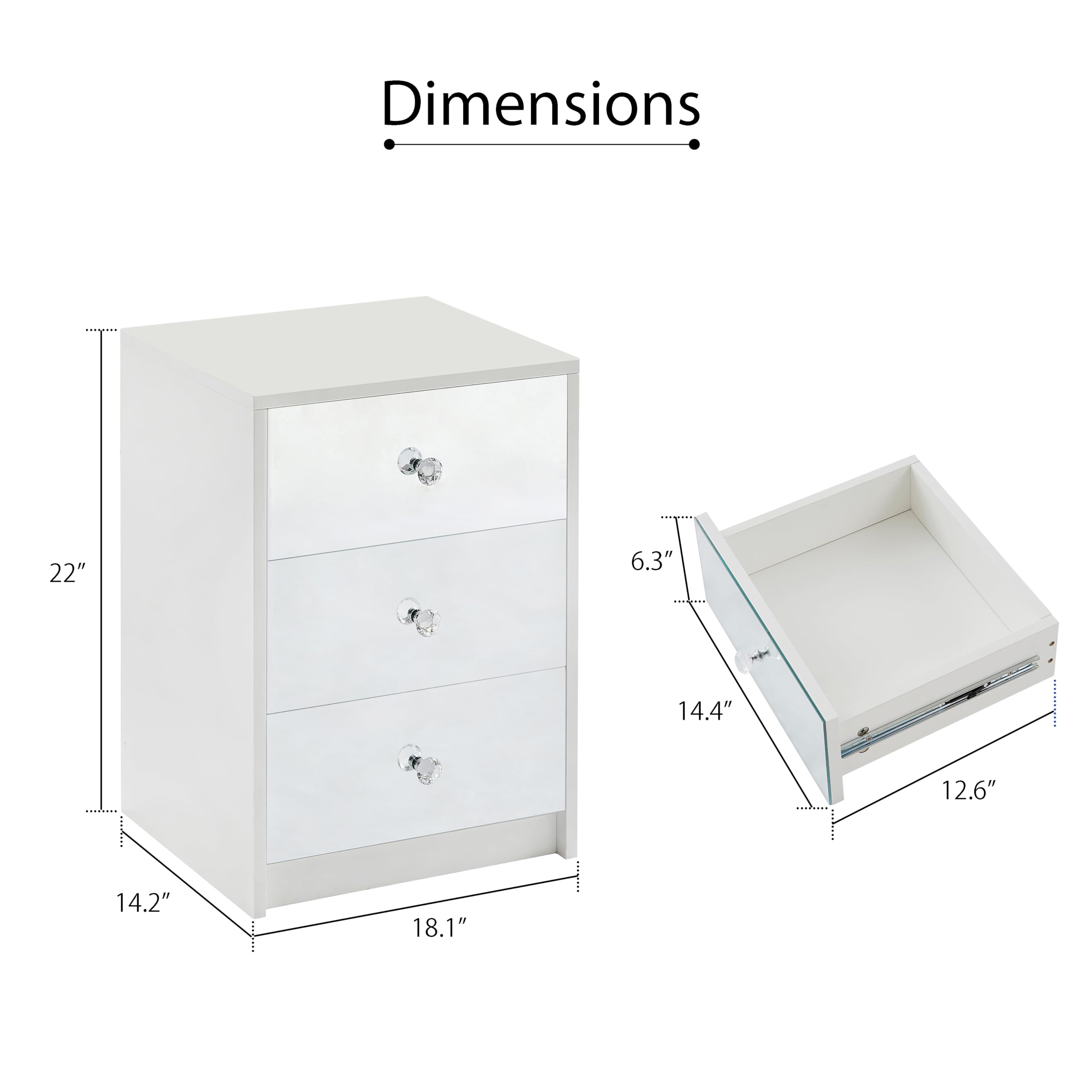 3 Drawer Nightstand for Bedroom, Modern Wood and Mirrored Nightstand, Square Bedside Glass End Table with Storage for Bedroom Room, Sofa, White