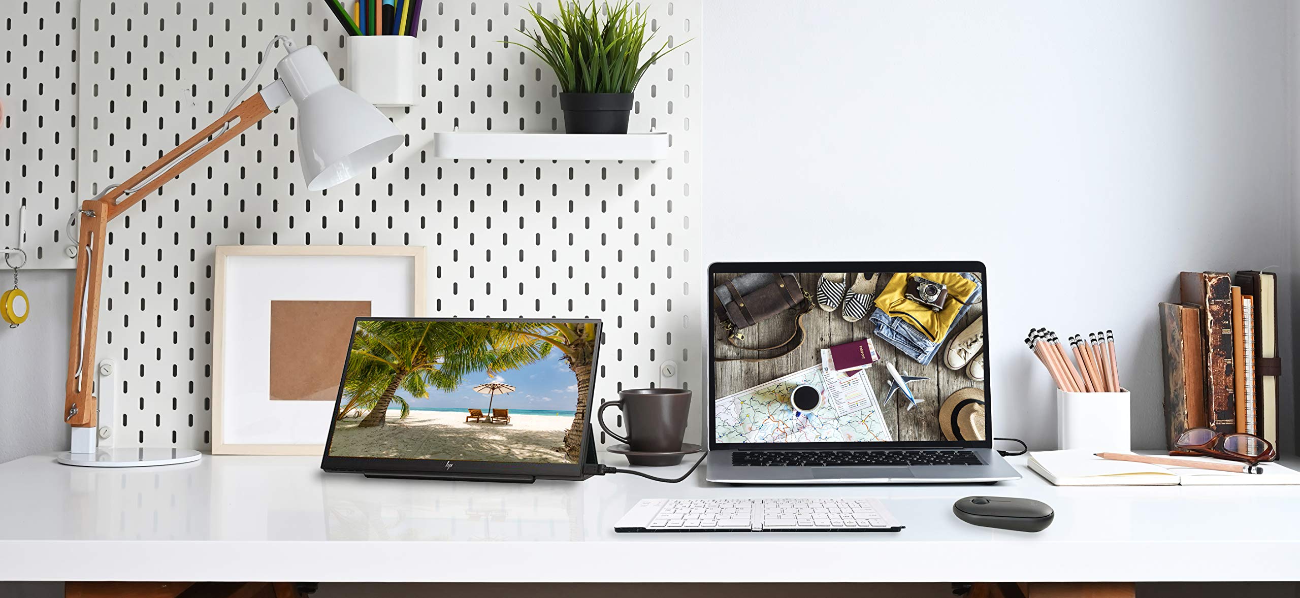 HP E14 FHD (1920 x 1080) Portable Travel Monitor Bundle with USB Type-C, Black Marble Bluetooth Folding Wireless Keyboard, and Black Pebble M355 Bluetooth Wireless Mouse