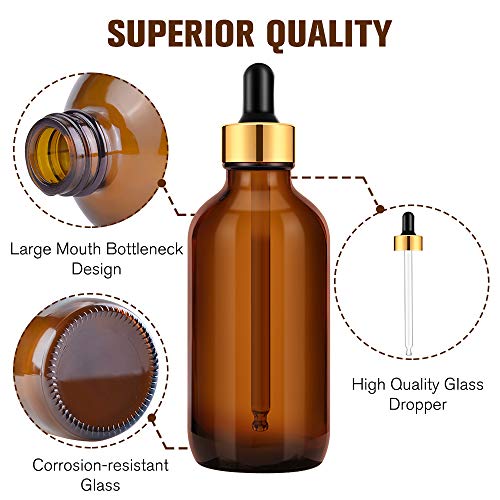 PrettyCare Eye Dropper Bottles 4 oz 4 Pack (Glass Bottles 120ml with Golden Caps, 12 Labels, Funnel & Measured Pipettes) Empty Tincture Bottles for Essential Oils (Amber)