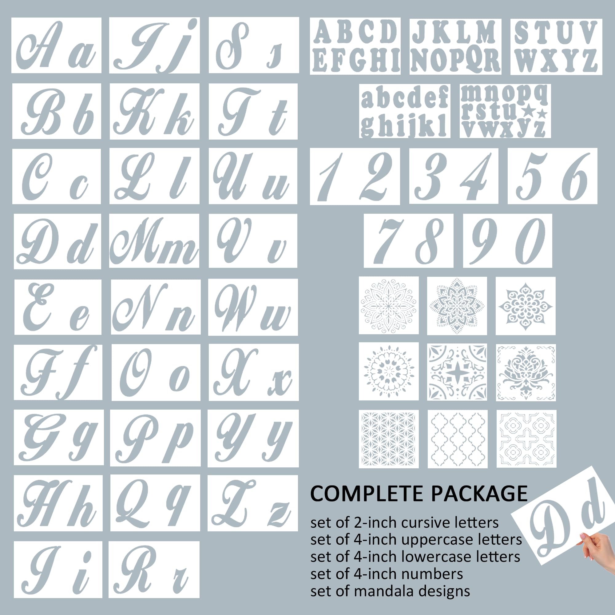 124 Alphabet Numbers & Mandala Stencils Small & Large 2 & 4 Inches Upper Lowercase Arts Crafts Letters Stencil Reusable Template for Calligraphy DIY Painting Wood Wall Fabric Rock Bullet Journal Kit