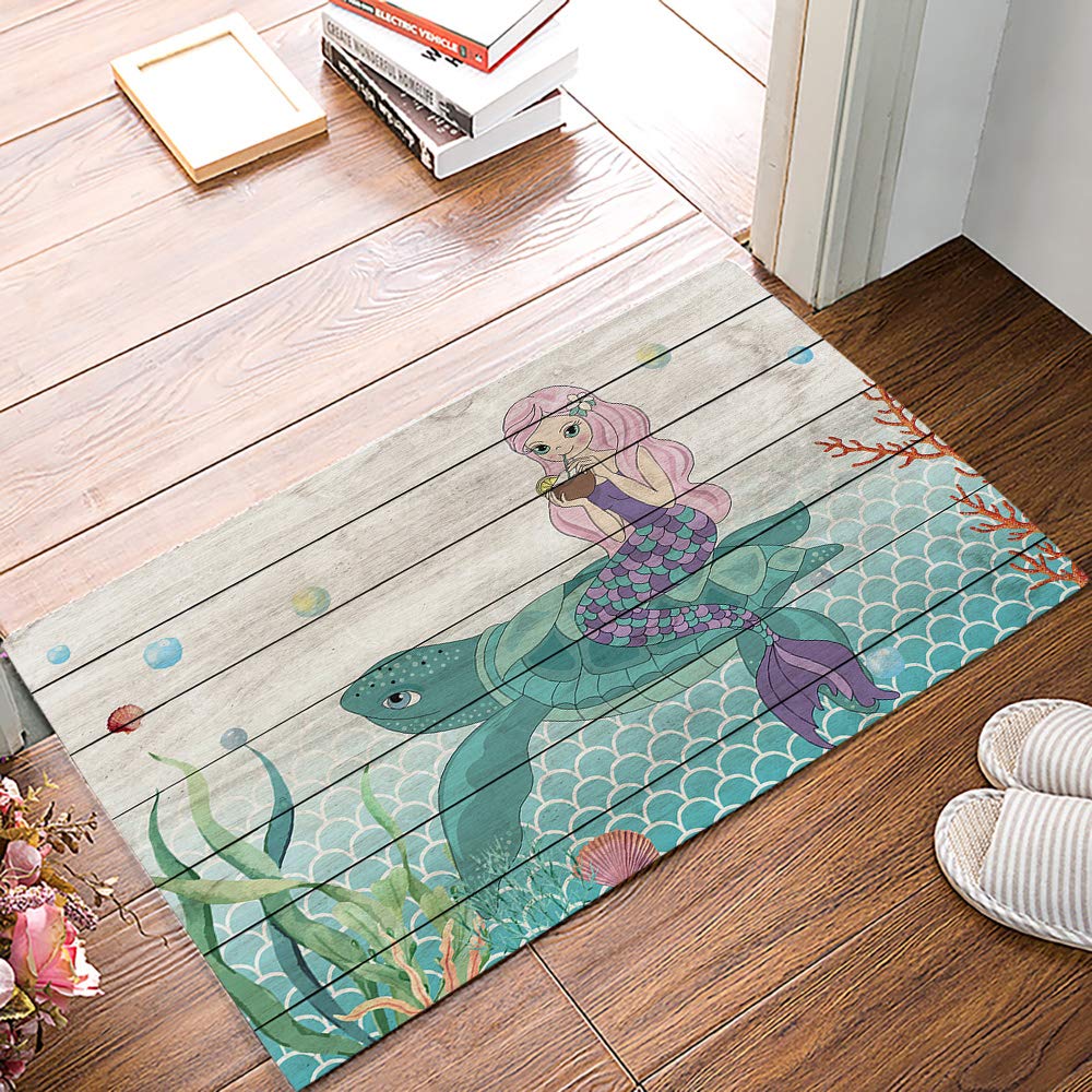 Aomike Indoor Outdoor Doormat Summer Style Beautiful Elegant Mermaid Sea Turtle Coral Retro Wood Grain Entrance Door Mat Durable Floor Mat Low-Profile Rug for Home Office Garden, 18" x 30"