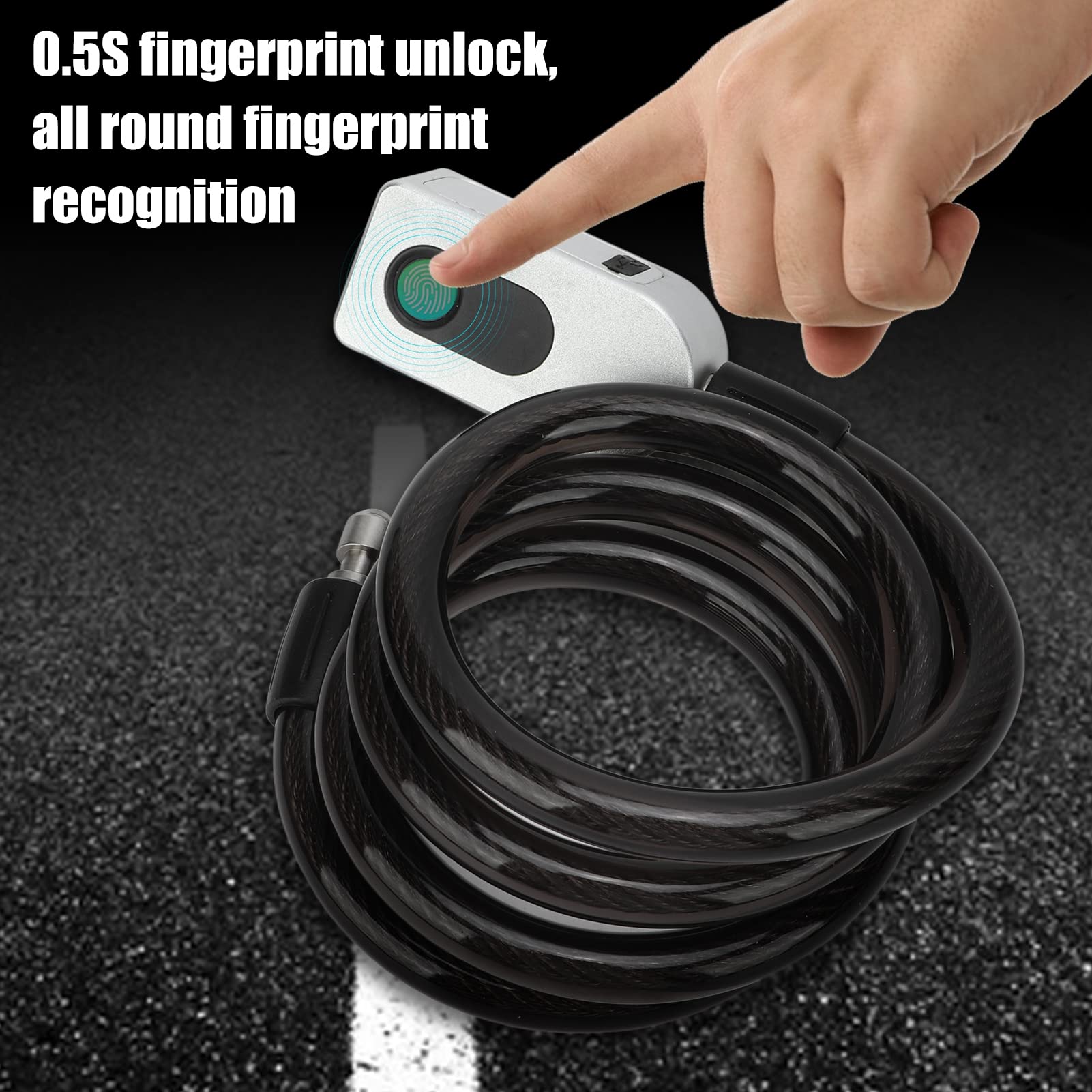 1M Fingerprint Bike Lock Cable, Waterproof Anti-Theft Keyless Bicycle Chain Lock with USB for Outdoor Use