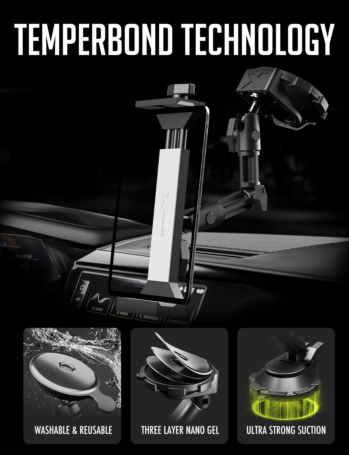 Bracketron HD Tablet Dock PRO Dash and Window Metal Clamp Mount, Universal Tablet Holder for Cars and Trucks, Compatible with Tablets Up to 10 Inches Wide